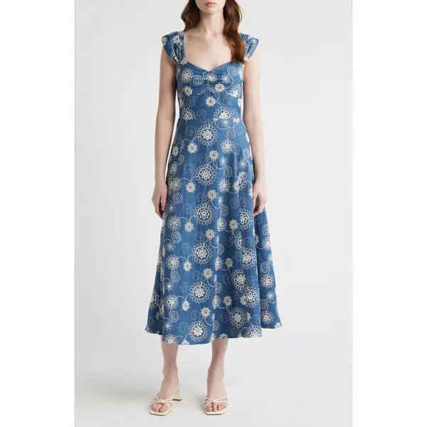 ZOE AND CLAIRE Embroidered Cap Sleeve Chambray Midi Dress - Denim