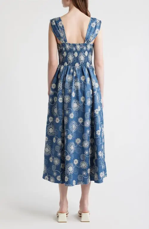 ZOE AND CLAIRE Embroidered Cap Sleeve Chambray Midi Dress - Denim
