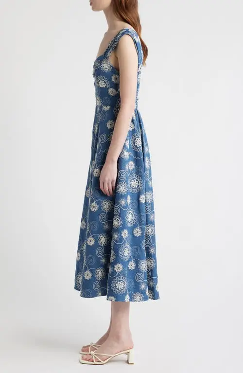 ZOE AND CLAIRE Embroidered Cap Sleeve Chambray Midi Dress - Denim