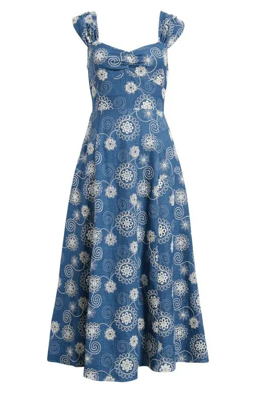 ZOE AND CLAIRE Embroidered Cap Sleeve Chambray Midi Dress - Denim
