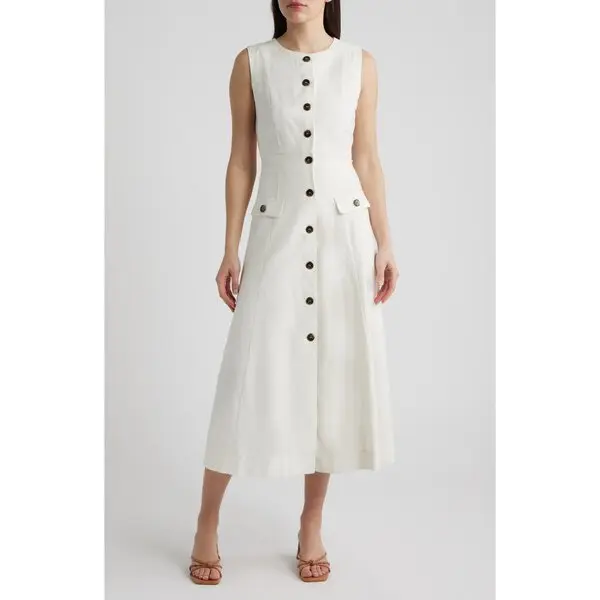 ZOE AND CLAIRE Sleeveless Button-up Midi Dress - Oatmeal