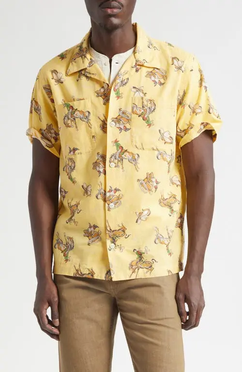 Double Rl Western Print Linen & Cotton Blend Camp Shirt - Yellow Multi