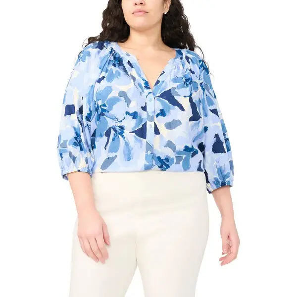 Halogen Floral Raglan Balloon Sleeve Top - Moonlight Blue
