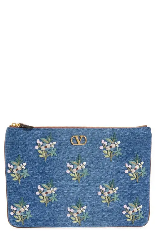 Valentino Garavani Medium Vlogo Embroidered Denim Pouch - Blue Multi
