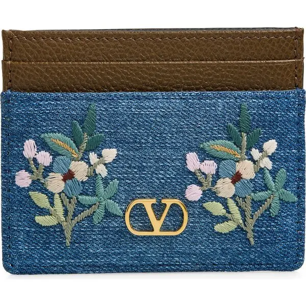 Valentino Garavani Vlogo Signature Embroidered Denim & Leather Card Case - Blue Multi