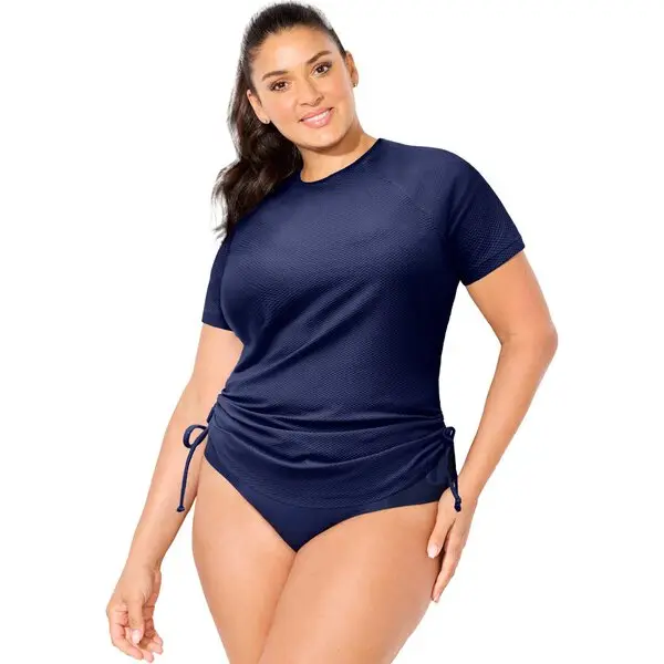 SWIMSUITS FOR ALL Chlorine Resistant Quick Dry Side Tie Short Sleeve Swim Tee Rash Guard - Navy