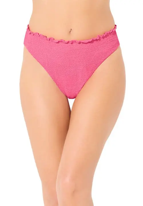 SWIMSUITS FOR ALL Crinkle Textured Swim Brief With Lettuce Trim - Coral Pink