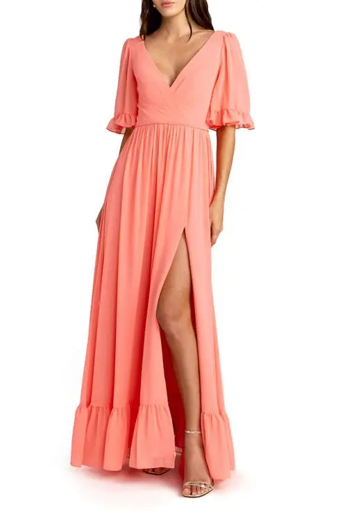 Mac Duggal V-neck Flutter Sleeve Chiffon Faux Wrap Maxi Gown - Coral
