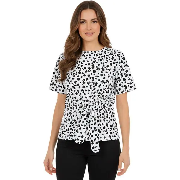 JESSICA LONDON Stretch Crepe Tie Waist Top - White Cheetah Dot