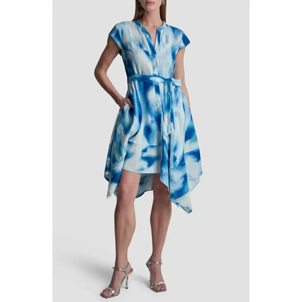 Dkny Abstract Print Linen Asymmetric Hem Dress - Misted Surf