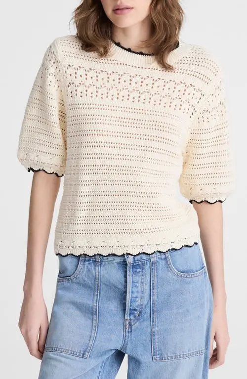 Madewell Puff-sleeve Cotton Sweater T-shirt - Ivory With Black Tipping