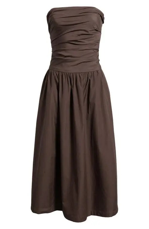 Madewell Strapless Ruched Poplin Midi Dress - Chocolate Plum