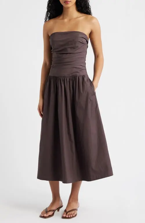 Madewell Strapless Ruched Poplin Midi Dress - Chocolate Plum