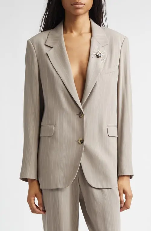 GOLDEN GOOSE Journey Pinstripe Wool Blend Blazer With Spider Brooch - Roasted Cashew
