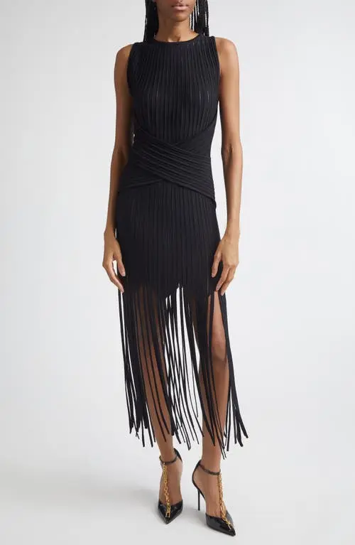 Balmain Fringed Pointelle Rib Sweater Dress - 0pa Black