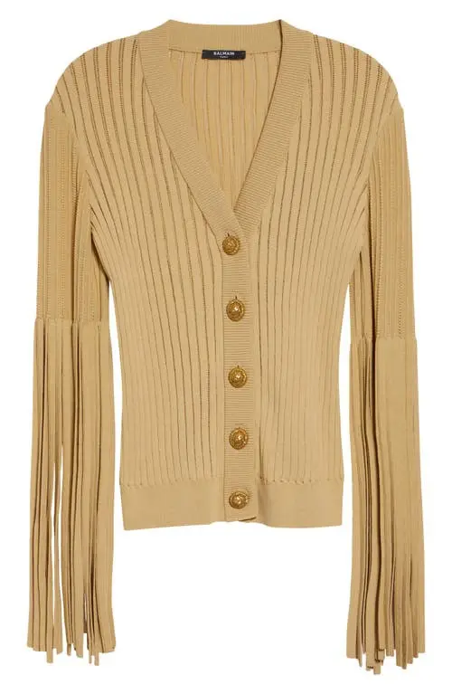 Balmain Fringe Sleeves Pointelle Rib Cardigan - 1gq Yellow