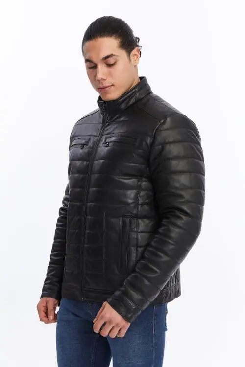 FURNIQ UK Sterling Quilted Leather Puffer Jacket - Black