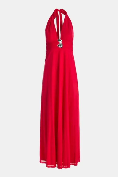 KATE BARTON Plunge Neckline Mesh Halter Gown - Raspberry
