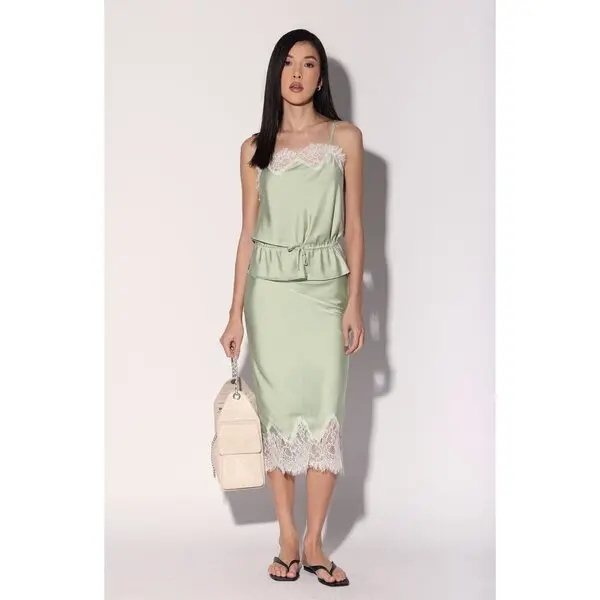 Walter Baker Satin Midi Skirt With Lace Hem - Kiwi