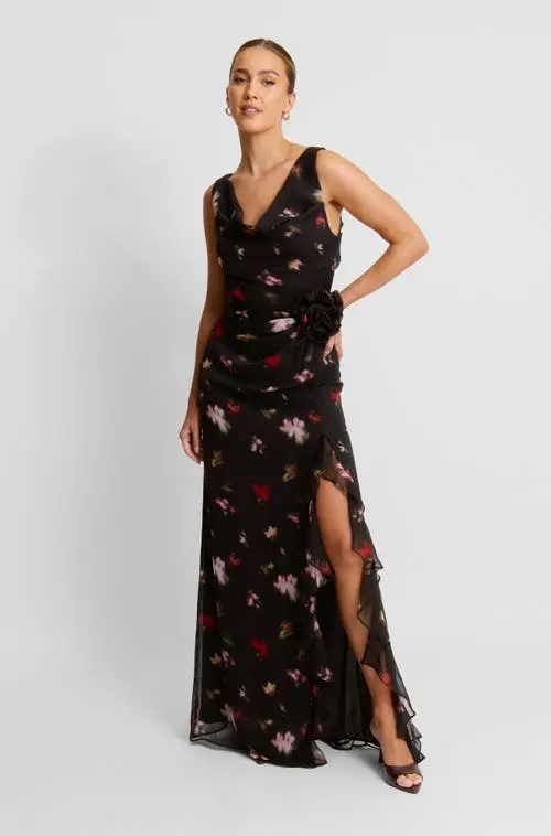 SIX STORIES Floral Cowl Front Coursage Maxi Dress - Black
