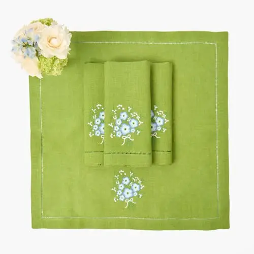 MRS. ALICE Floral Embroidered Linen Napkins - Green