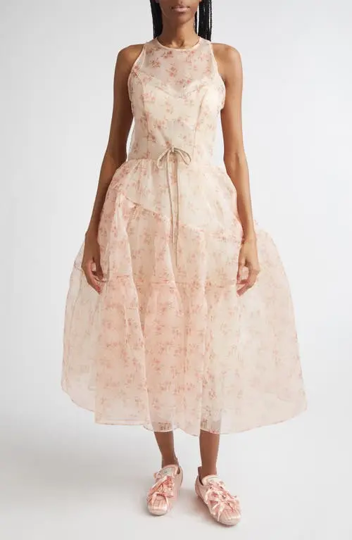 Simone Rocha Tapered Back Flounce Floral Sheer Organza Dress - Beige Floral/taupe