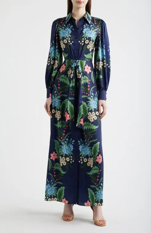 Julia Jordan Floral Print Long Sleeve Maxi Shirtdress - Navy Multi