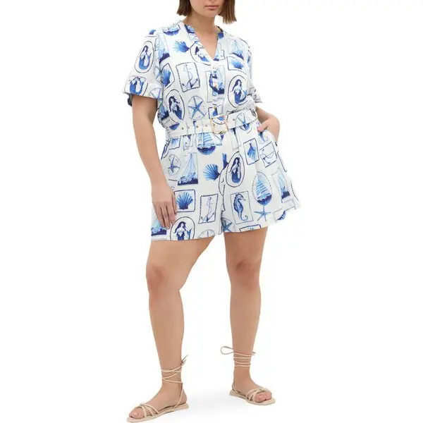 City Chic Printed Belted Button-front Romper - Amalfi Postcard