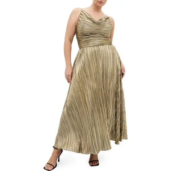 City Chic Kamila Plissé Metallic Maxi Dress - Bronze