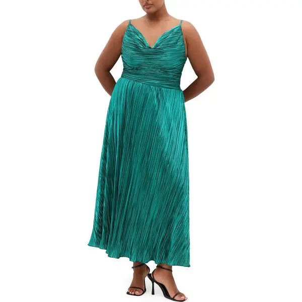 City Chic Kamila Plissé Metallic Maxi Dress - Emerald