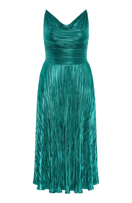 City Chic Kamila Plissé Metallic Maxi Dress - Emerald