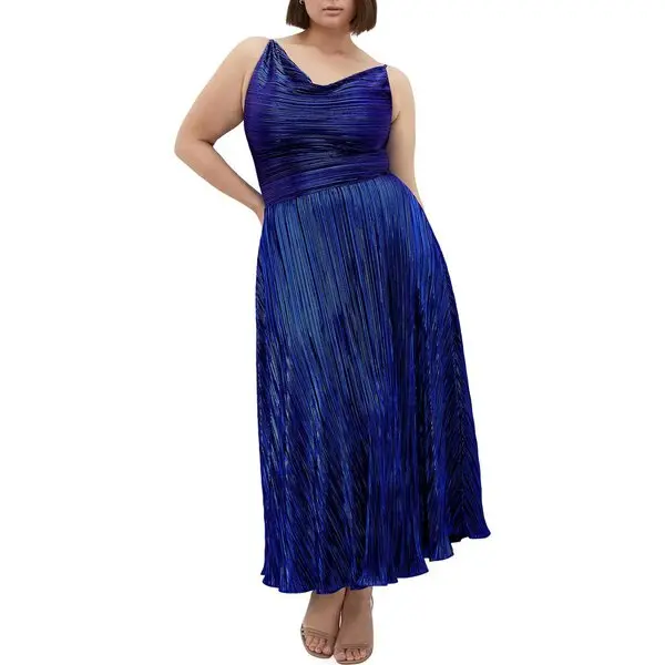 City Chic Kamila Plissé Metallic Maxi Dress - Navy