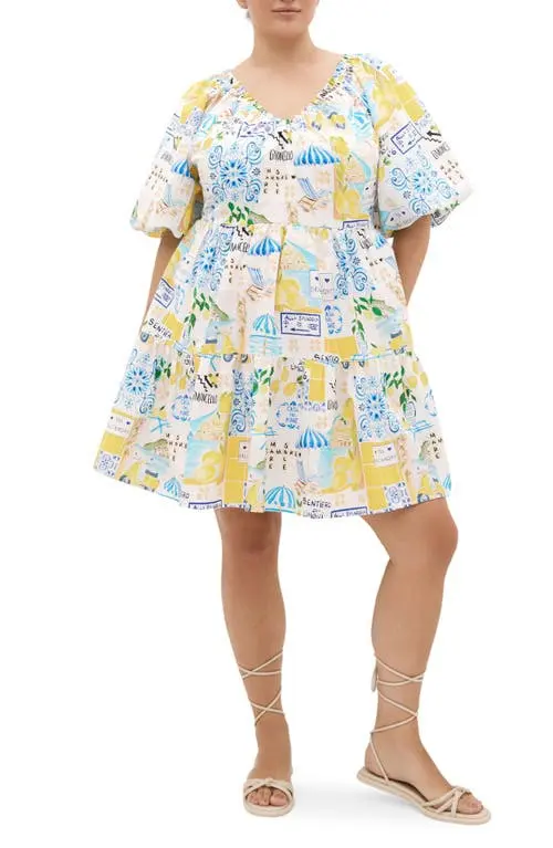City Chic Fantasy Amalfi Print Tiered Minidress - Amalfi Coast