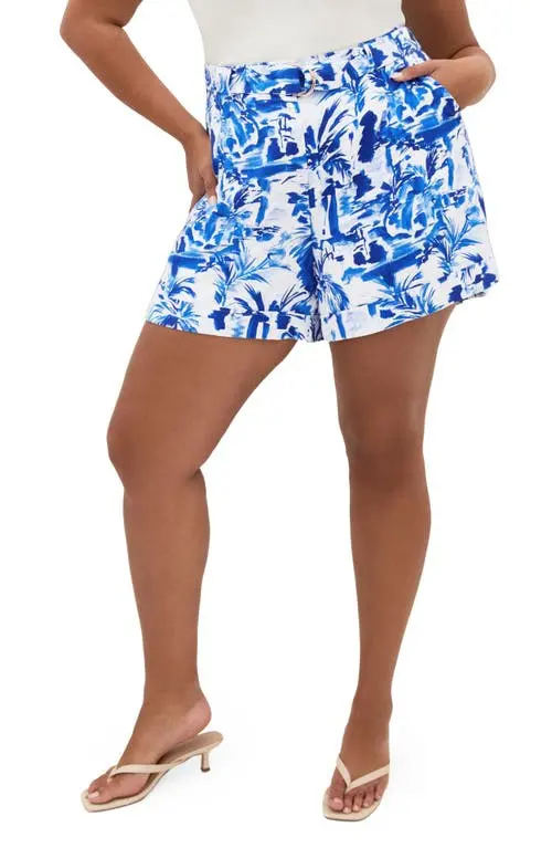 City Chic Tropical Print High-waist Shorts - Blue Palm