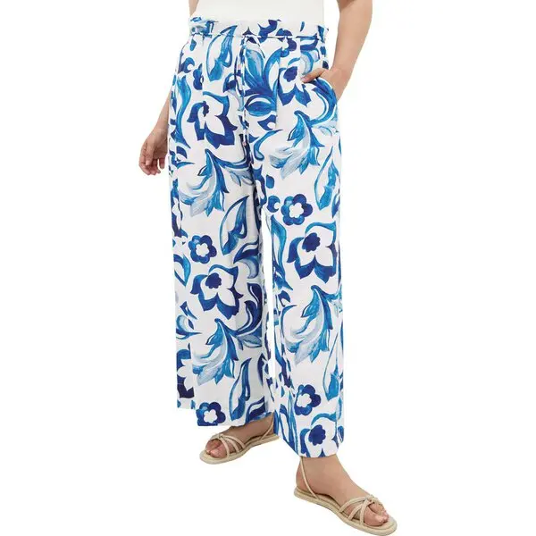 City Chic Resort Print Paperbag Waist Wide Leg Pants - Mykonos