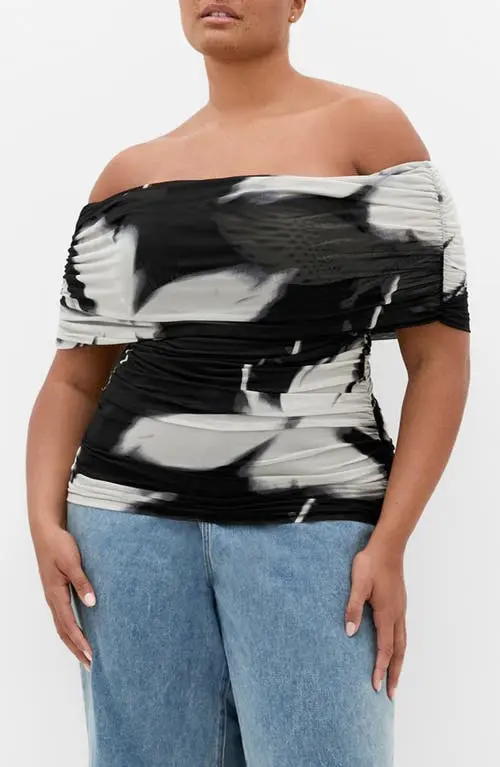 City Chic Floral Off-the-shoulder Mesh Top - Black Blur Floral