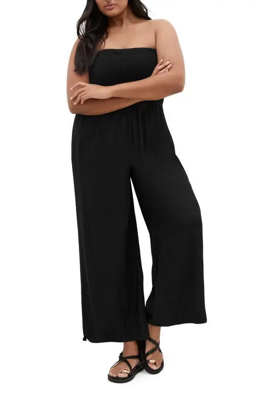 City Chic Ally Smocked Strapless Wide Leg Jumpsuit - Black