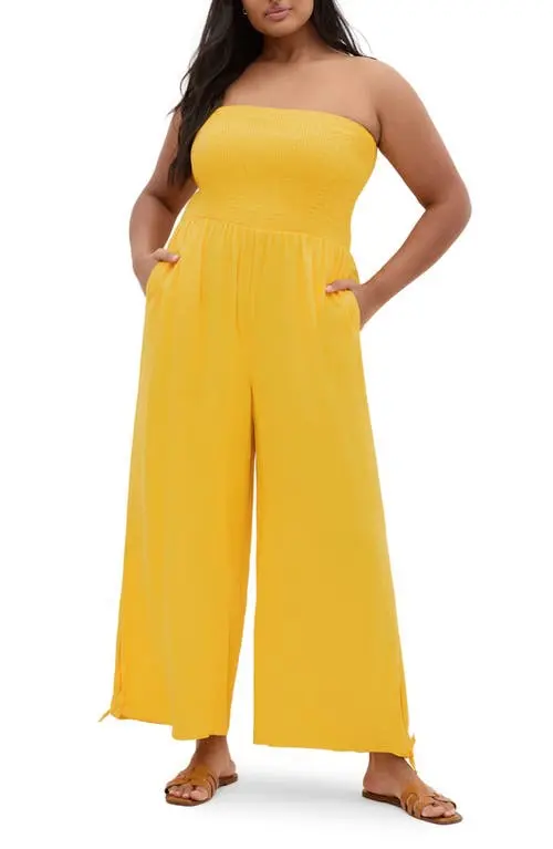 City Chic Ally Smocked Strapless Wide Leg Jumpsuit - Citrus