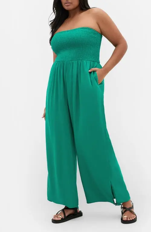 City Chic Ally Smocked Strapless Wide Leg Jumpsuit - Green