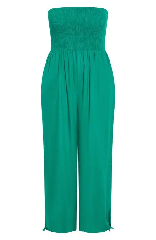 City Chic Ally Smocked Strapless Wide Leg Jumpsuit - Green