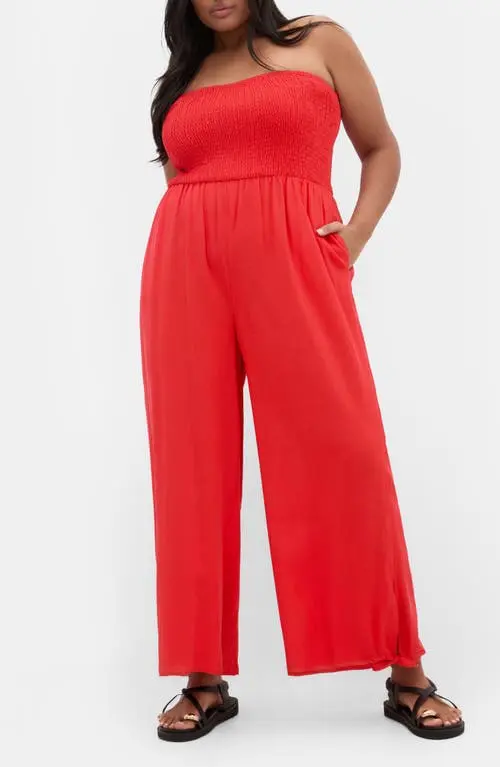City Chic Ally Smocked Strapless Wide Leg Jumpsuit - Tigerlilly