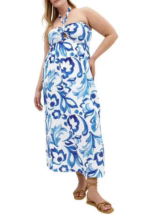 City Chic Serene Print Halter Neck Maxi Dress - Mykonos