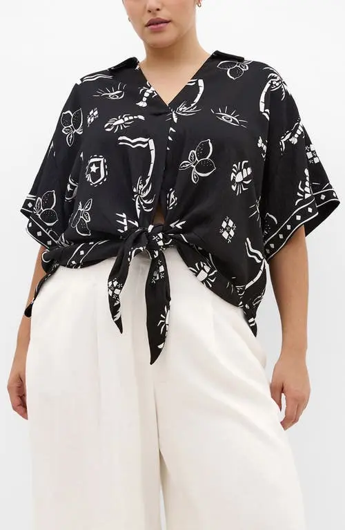 City Chic Resort Print Tie Front Top - Black And White