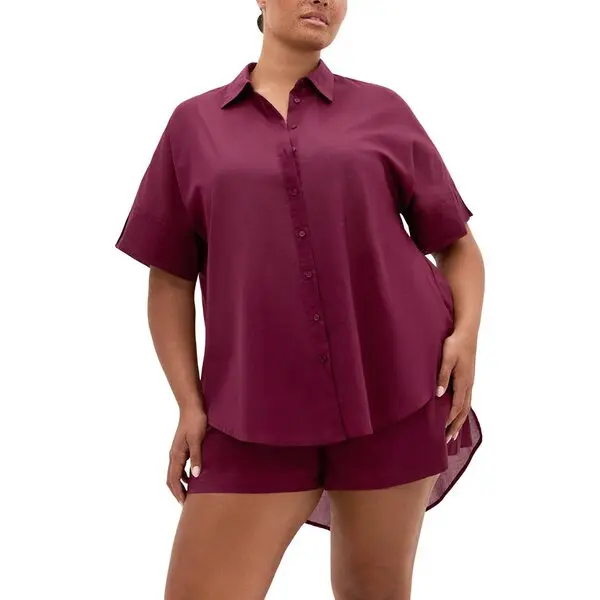 City Chic Oversized Cotton Button-up Shirt - Pomegranate