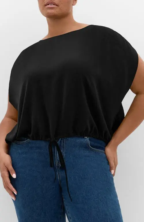City Chic Elise Ruched Sleeve Drawstring Waist Top - Black