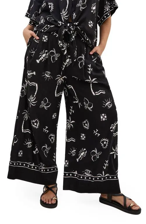 City Chic Printed Wide-leg Pants With Tie Belt - Black And White