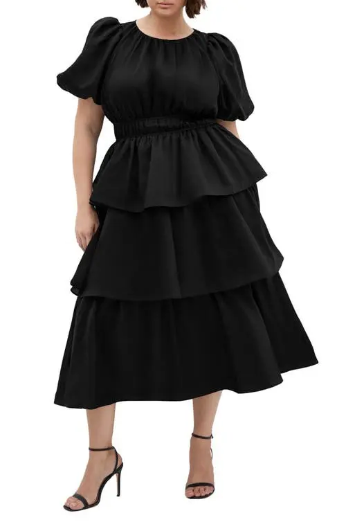 City Chic Heavenly Tiered Puff Sleeve Midi Dress - Black