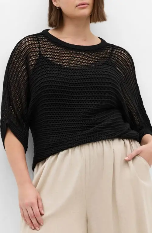 City Chic Sheer Open Knit Top - Black