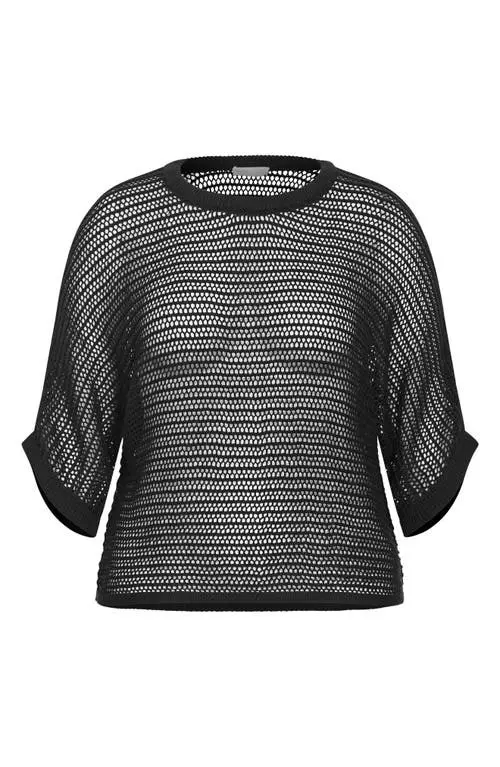 City Chic Sheer Open Knit Top - Black