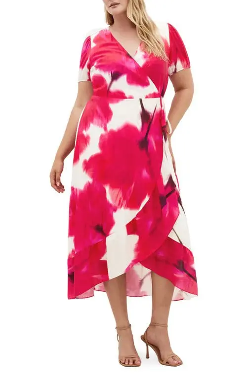 City Chic Floral Print Wrap Midi Dress - Raspberry Bloom